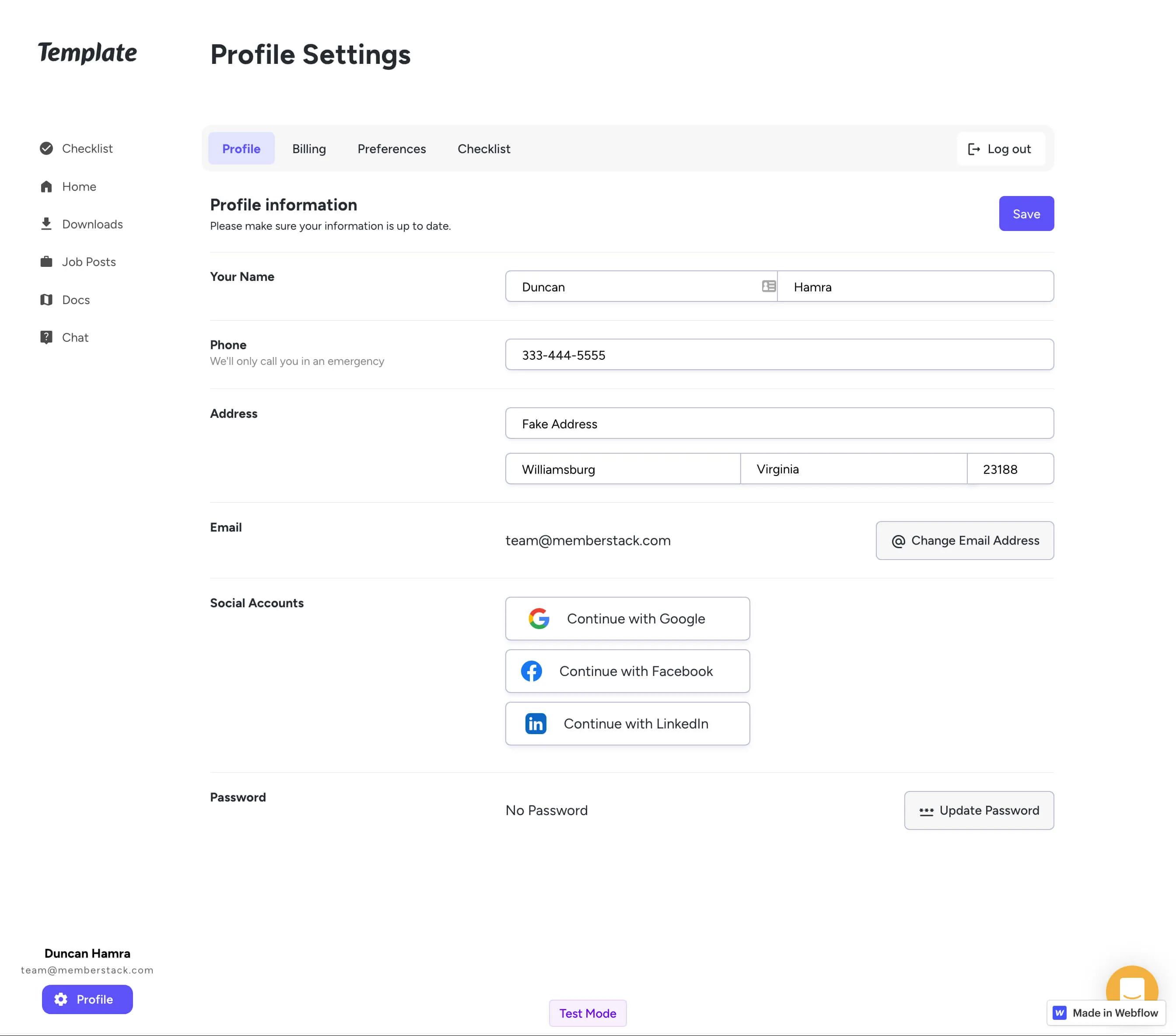 Dashboard Profile | Free Webflow Component